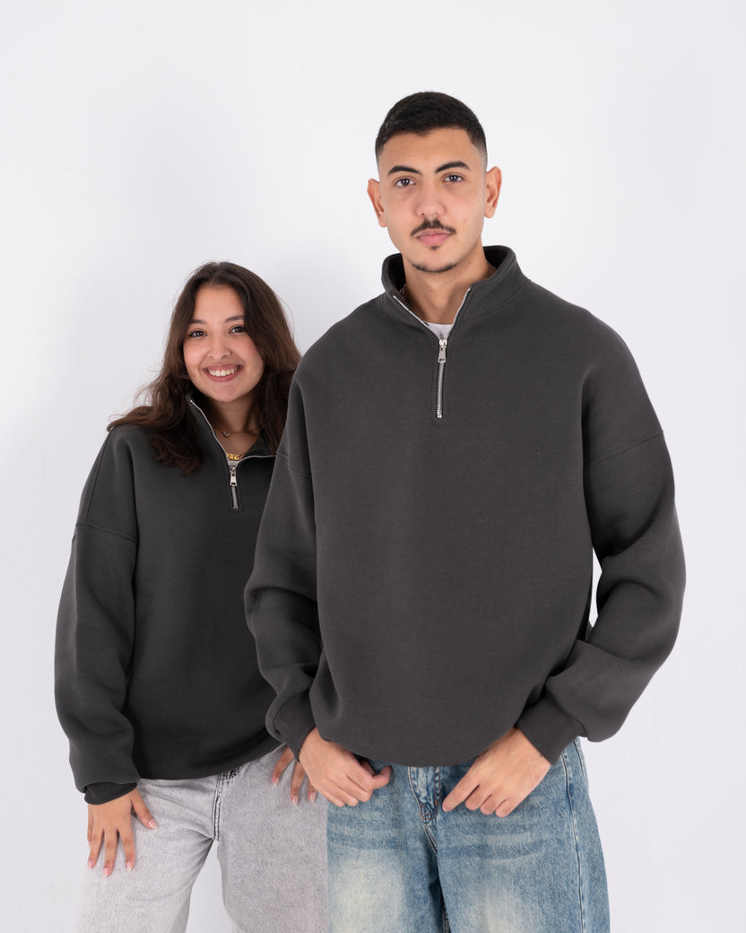 Dark Grey Oversized Quarter Zip – Elegant Panther